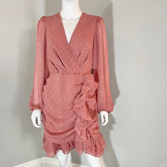 Express | Dresses | Express New Rose Blush Metallic Faux Wrap Ruffle ...